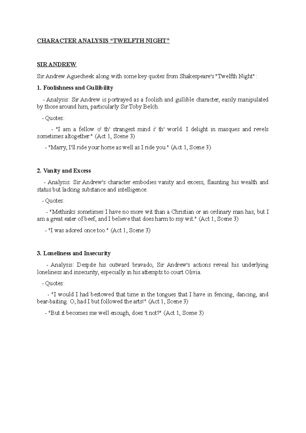 Character Analysis OF Twelfth Night - CHARACTER ANALYSIS “TWELFTH NIGHT ...
