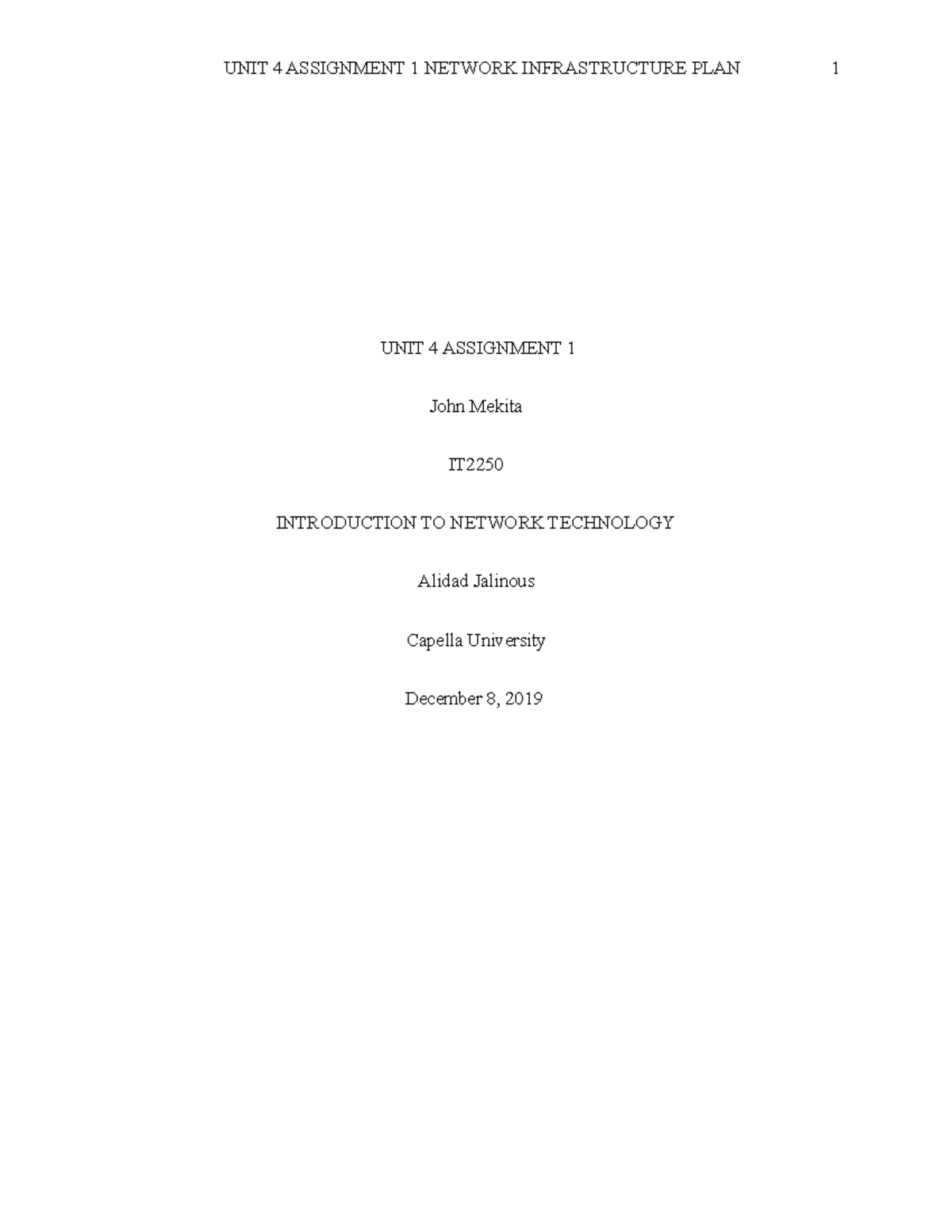 U4 Assignment 1 IT2250 - U4A1 - UNIT 4 ASSIGNMENT 1 John Mekita IT INTRODUCTION TO NETWORK - Studocu