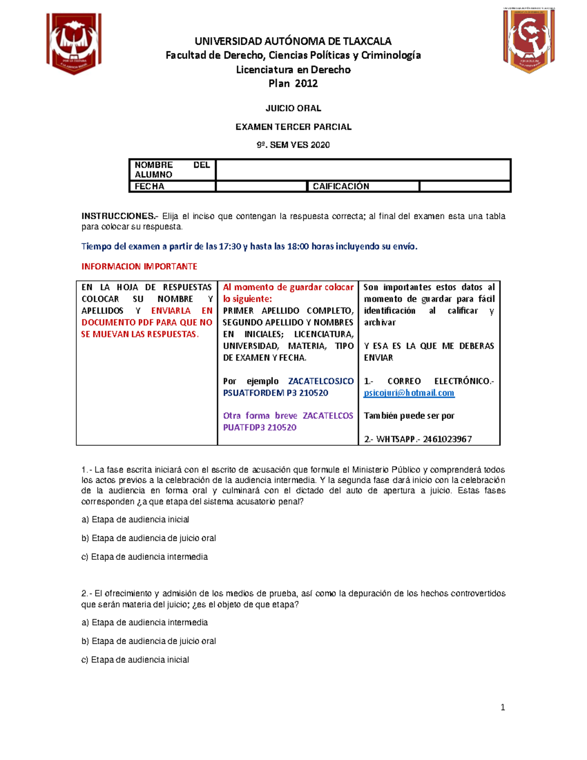 Examen 15 Mayo Spring 2020, preguntas y respuestas - Facultad de Derecho, Ciencias Políticas y ...
