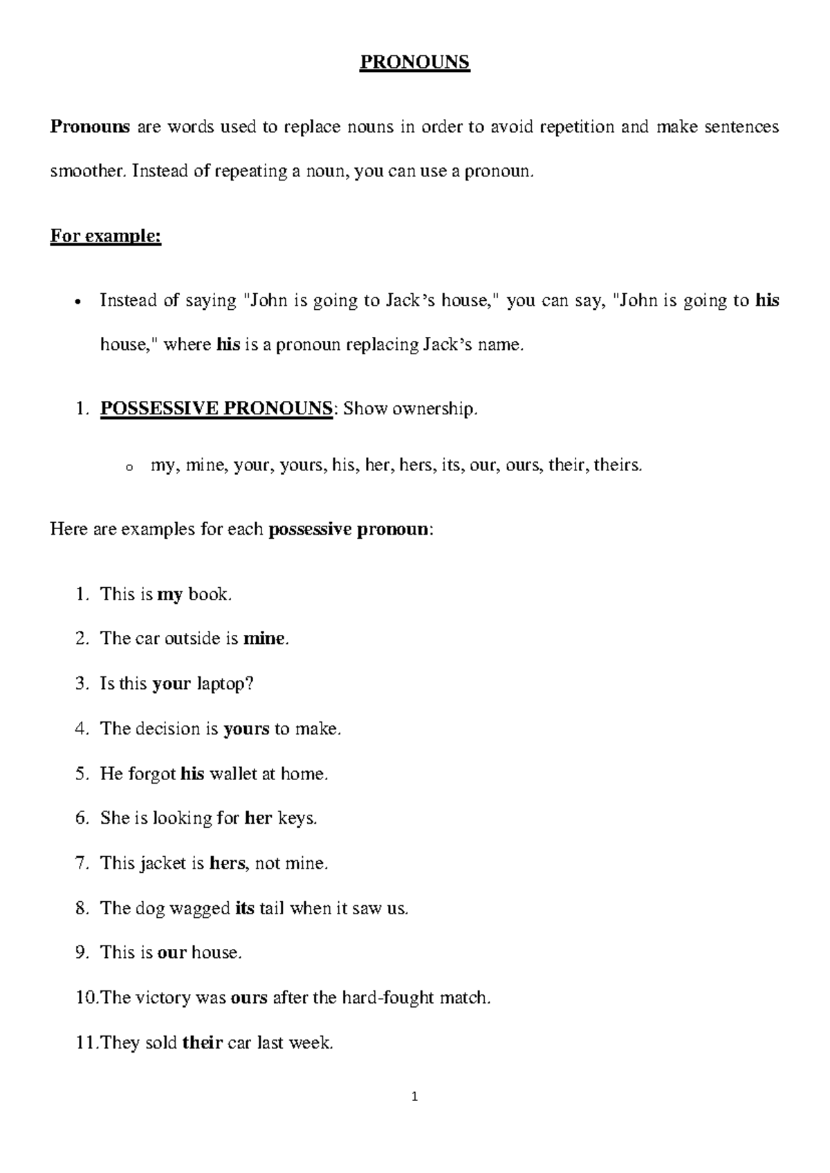 Pronouns - MATERIAL - PRONOUNS Pronouns are words used to replace nouns ...