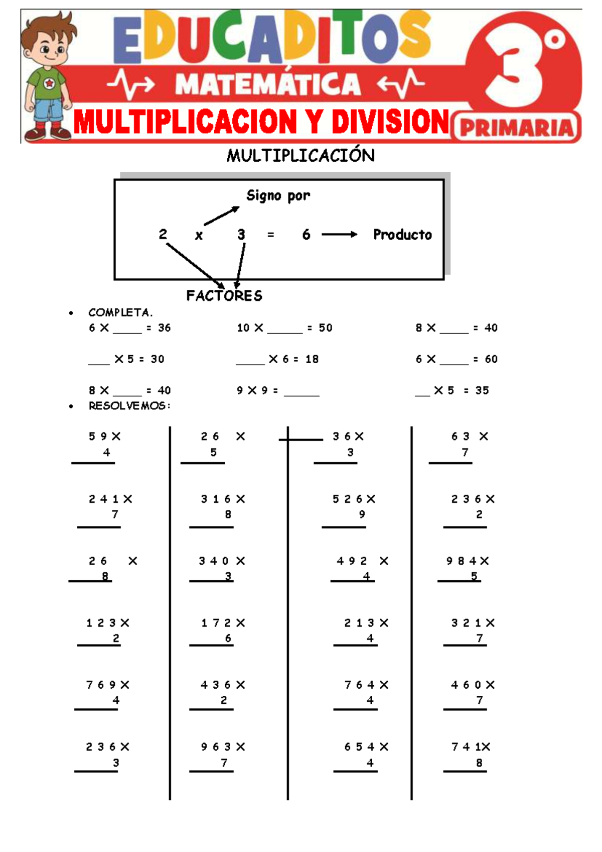Multiplicacion y Division para Tercer Grado de Primaria - Educaditos ...