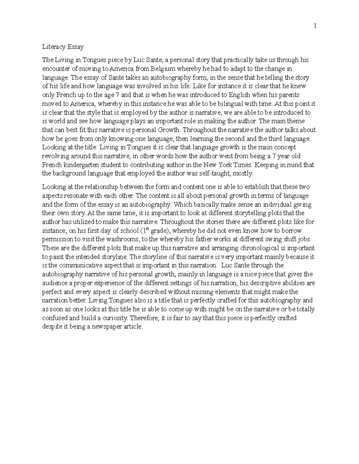 Literacy Essay - Literary analysis of The Living in Tongues piece by ...