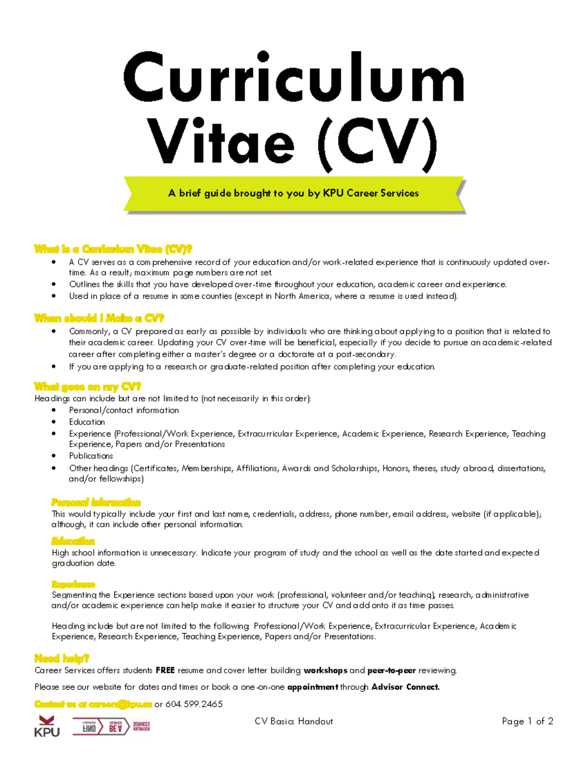 (CV 1) Curriculum Vitae Basics - CV Basics Handout Page 1 of 2 ...