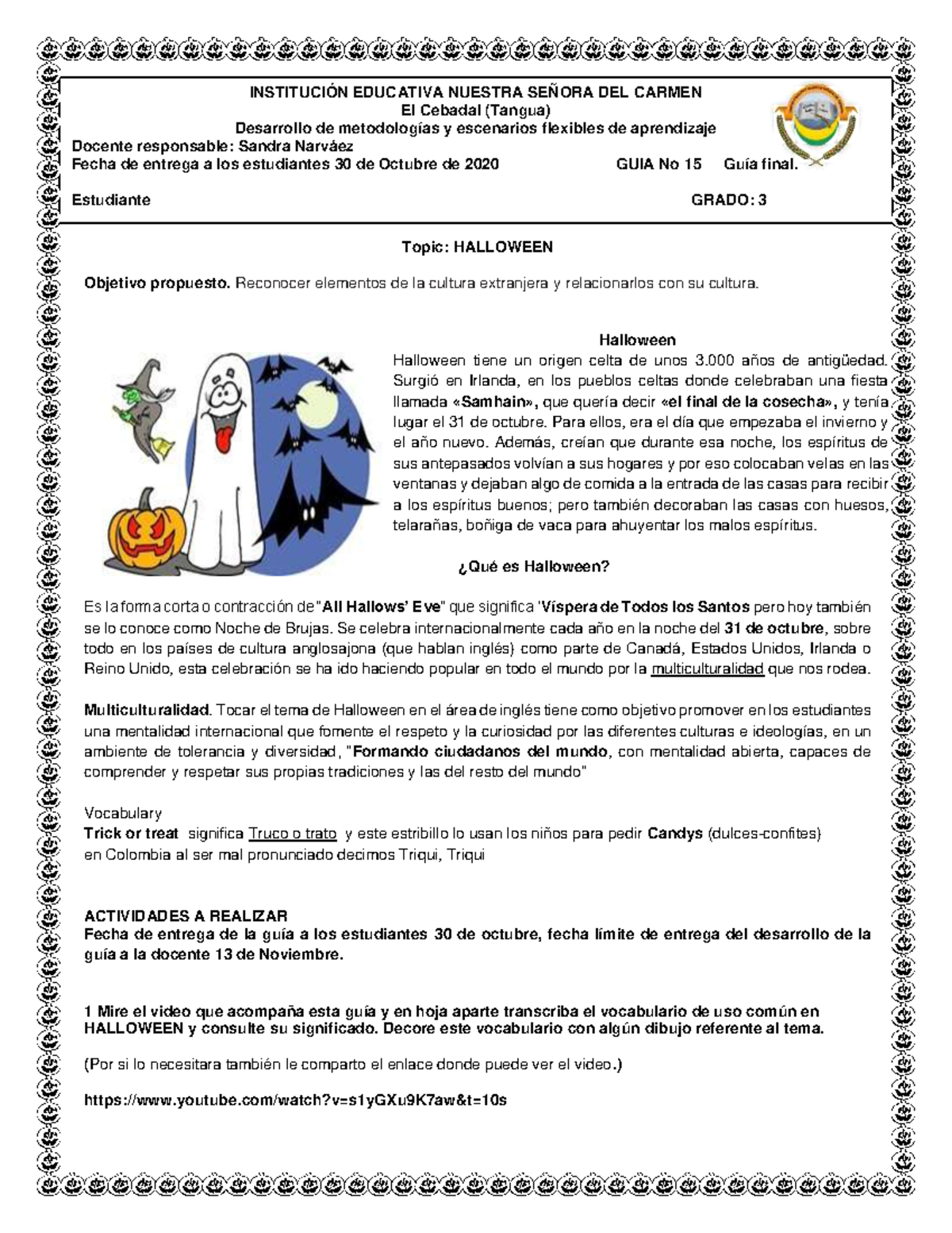 Inglés GUIA DE 3° guia 15 - Topic: HALLOWEEN Objetivo propuesto ...