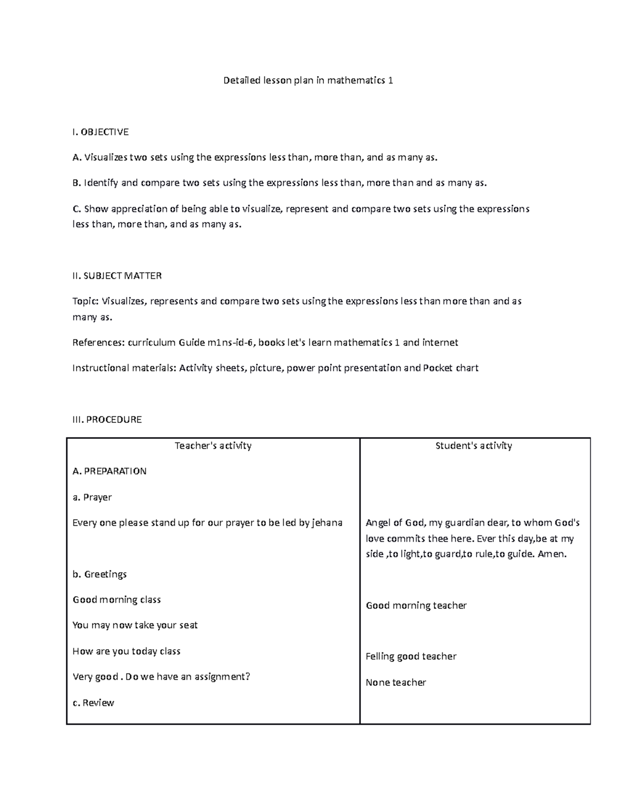 Revised lesson plan - None - Detailed lesson plan in mathematics 1 I ...