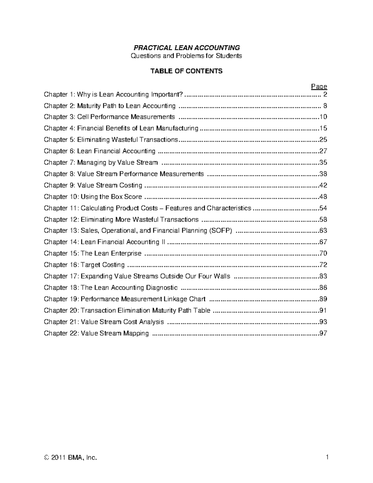 Practical LEAN Accounting Questions and Problems for Students Table OF ...