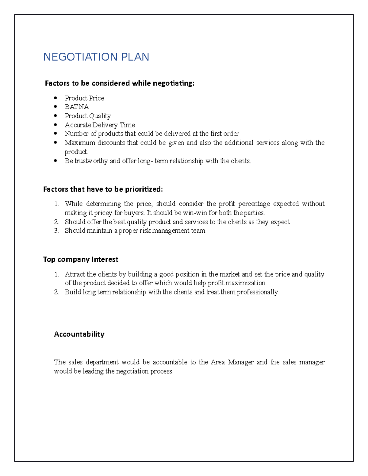 Step 5 Law - Negotiation PLAN - NEGOTIATION PLAN Factors to be ...