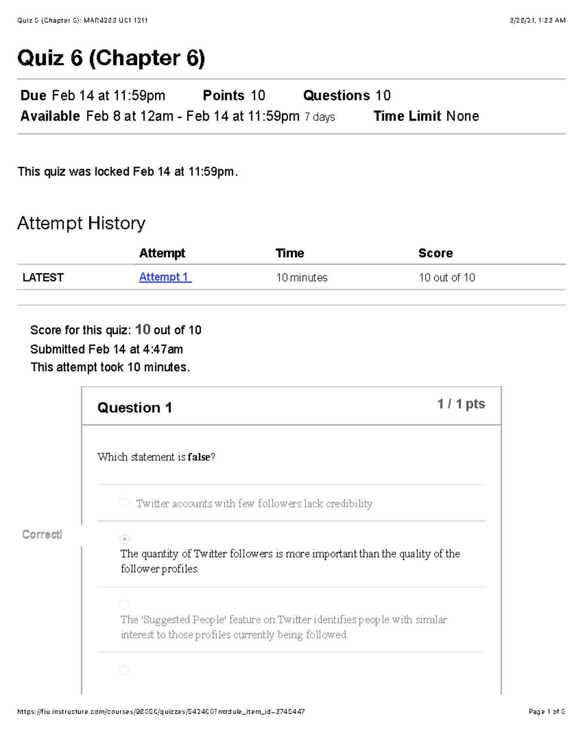 Quiz 6 (Chapter 6): MAR4233 U01 1211 - Quiz 6 (Chapter 6) Due Feb 14 at ...
