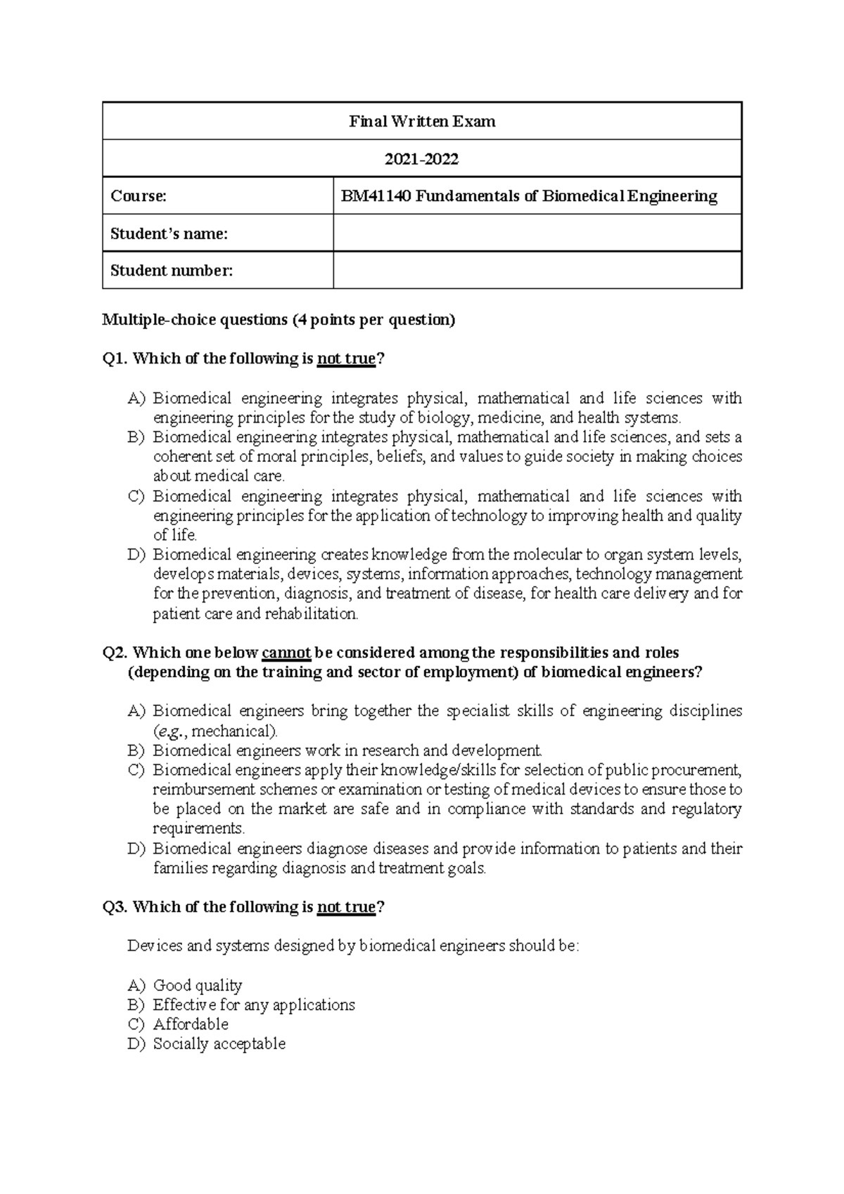 Example Exam from 20212022 - Final Written Exam 2021- Course: BM41140 ...