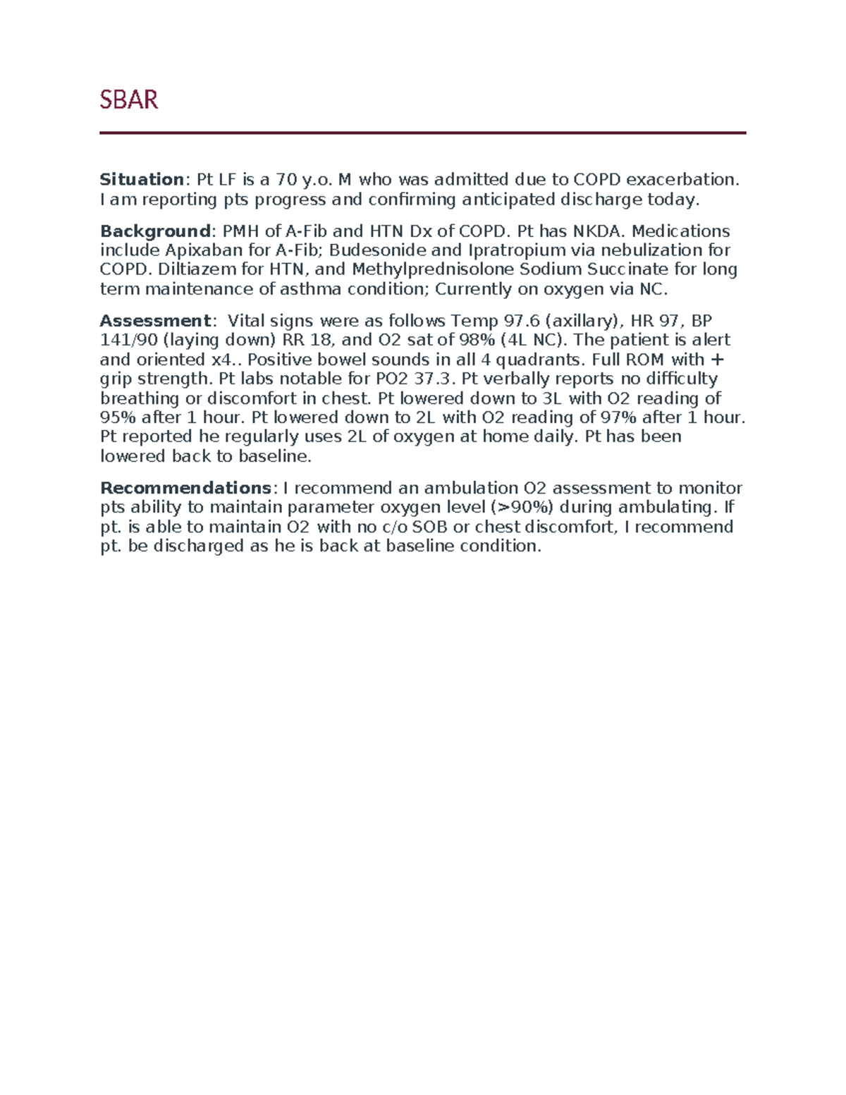 SBAR 2 T6 - This assignment is made up of fake patient information for ...