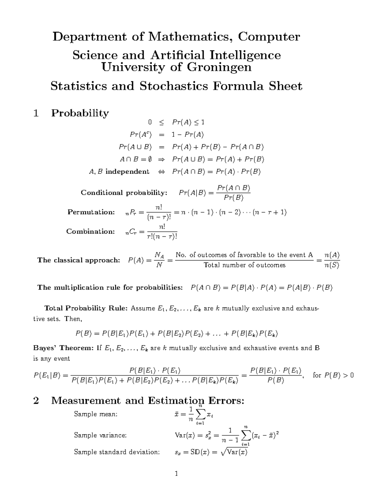Statistics and stochastics formula sheet - Department of Mathematics ...