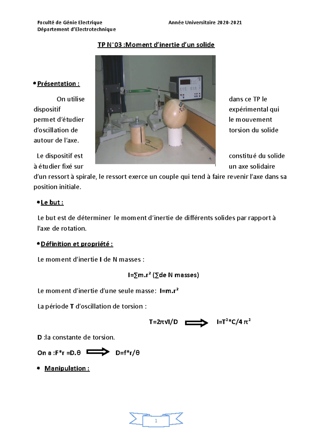 TPn°3 (1)origine - Département d’Electrotechnique TP N°03 :Moment d’inertie d’un solide - Studocu