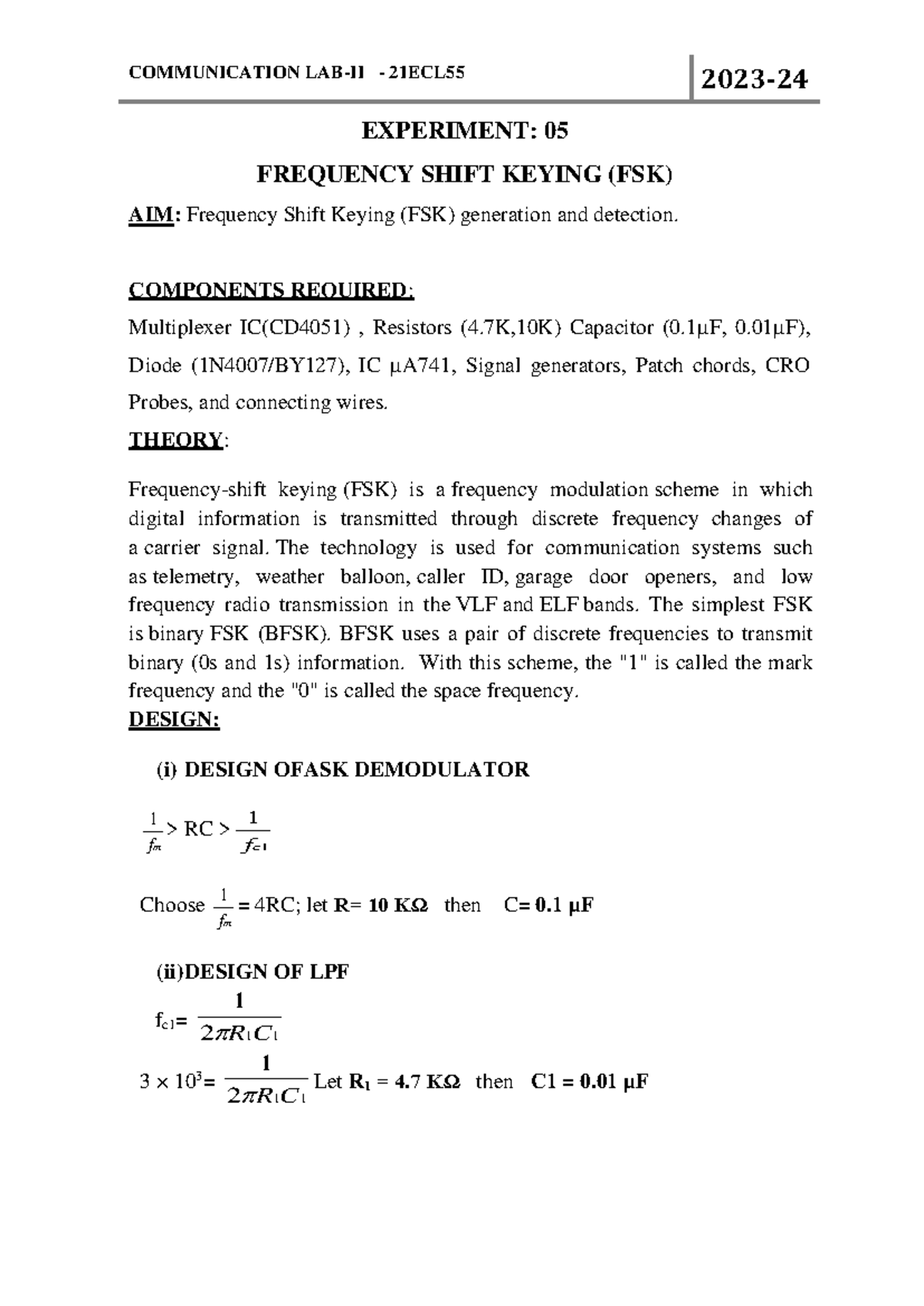 CL Lab II Manual -2nd cycle - 2023 - 24 EXPERIMENT: 0 5 FREQUENCY SHIFT ...