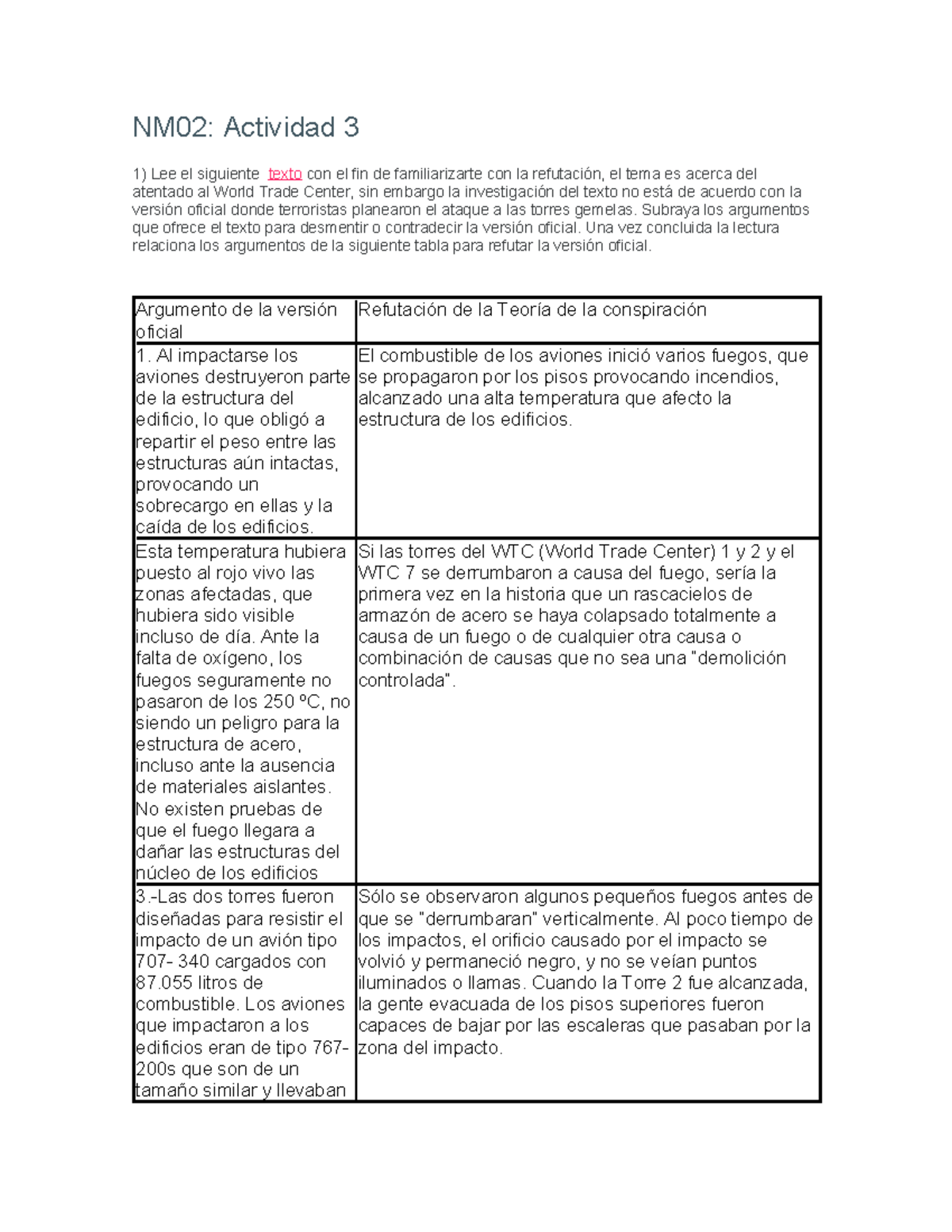 NM02 Actividad 3 - Subraya los argumentos que ofrece el texto para desmentir o contradecir la ...