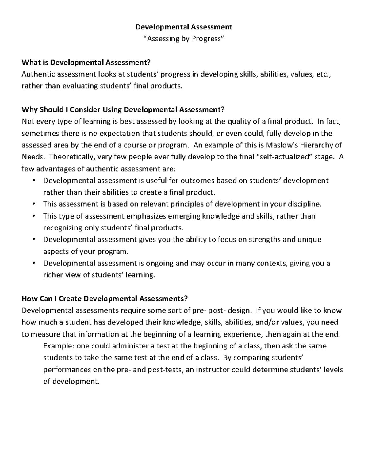 Developmental Assessment Information Sheet - Developmental Assessment ...
