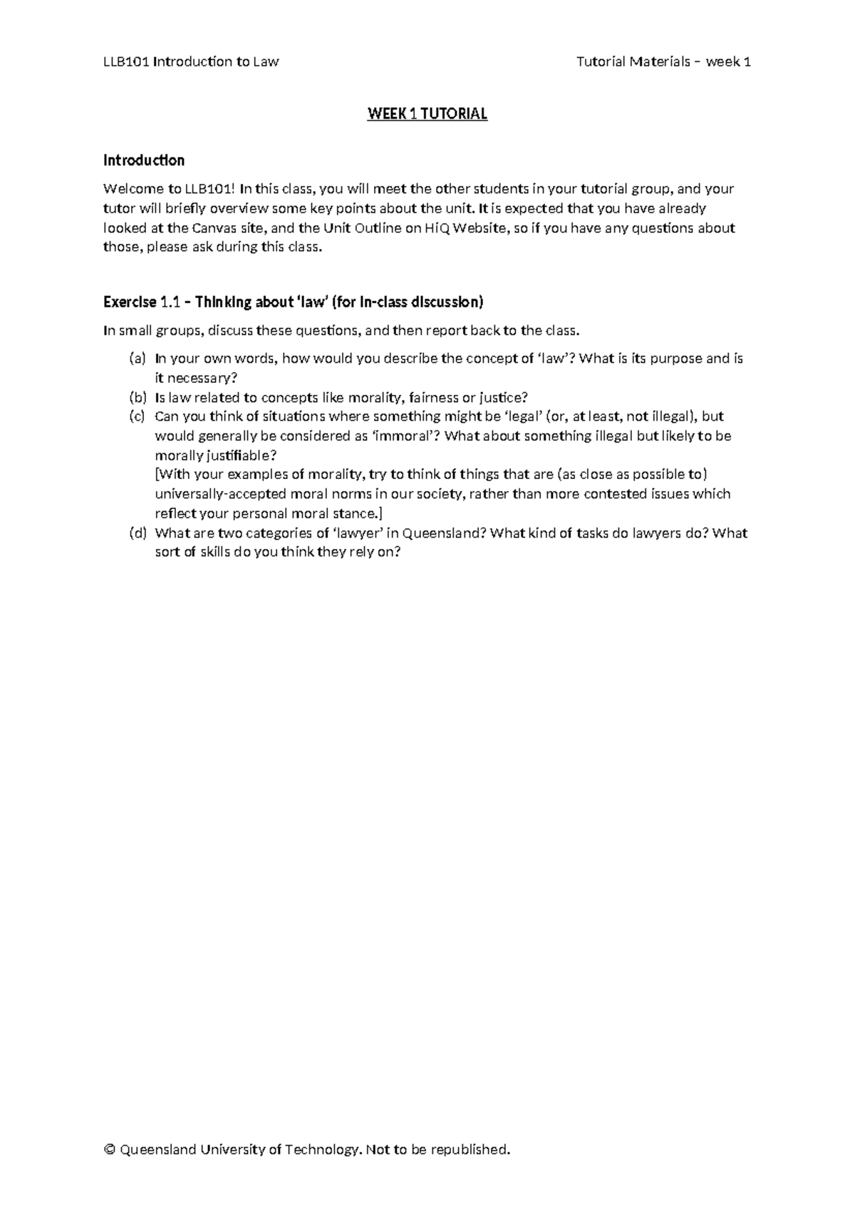 Week 1 Tutorial Activities - LLB101 Introduction to Law Tutorial Materials – week 1 WEEK 1 ...