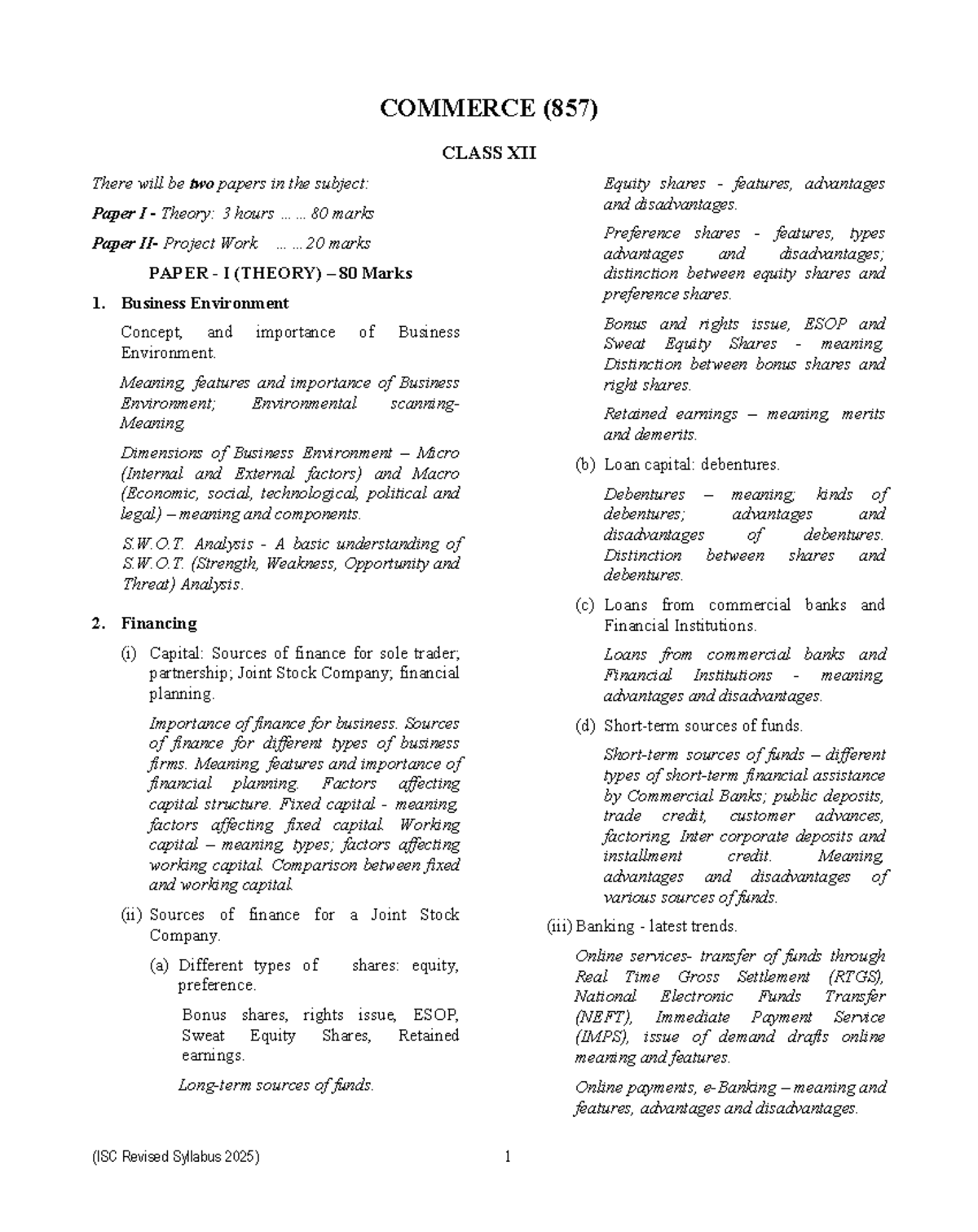 ISC-Commerce 150424 - Syllabus - COMMERCE (857) CLASS XII There will be ...