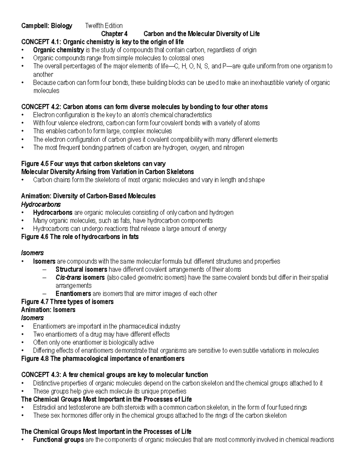 Notes Chapter 04 Carbon and the Molecular Diversity of Life - Campbell ...