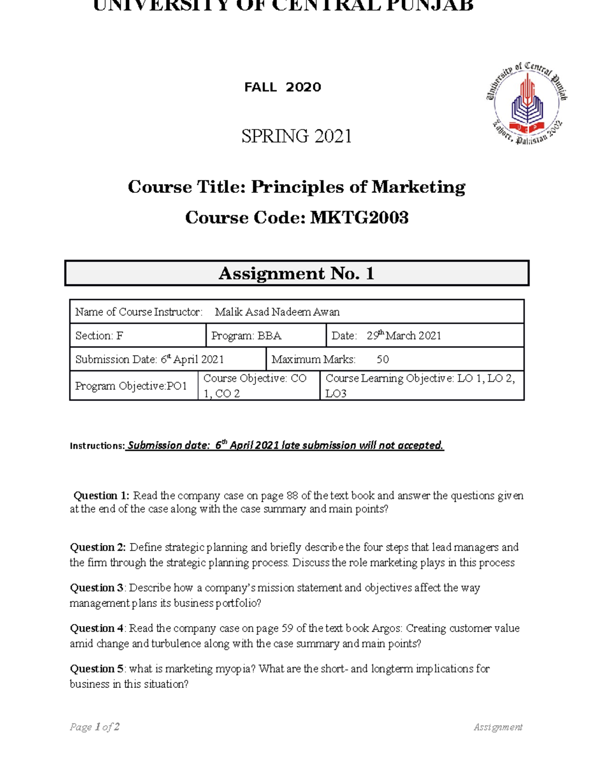 UCP A1 Mrkting BBA SEC C - solved - UNIVERSITY OF CENTRAL PUNJAB FALL ...