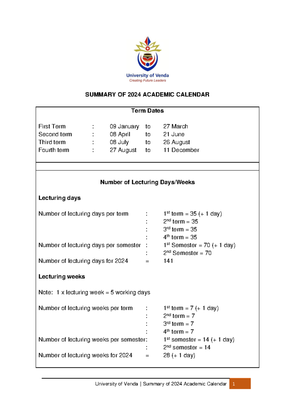 2024 Academic Calendar-1 - University of Venda | Summary of 202 4 ...