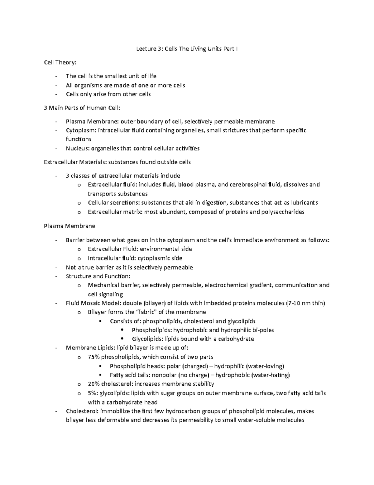 Lecture 3 Notes Cells The Living Units Part 1 - Lecture 3: Cells The ...