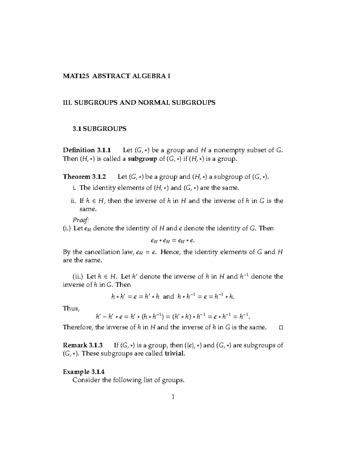 Abstract Algebra Chapter 3 - MAT125 ABSTRACT ALGEBRA I III. SUBGROUPS AND NORMAL SUBGROUPS 3 ...