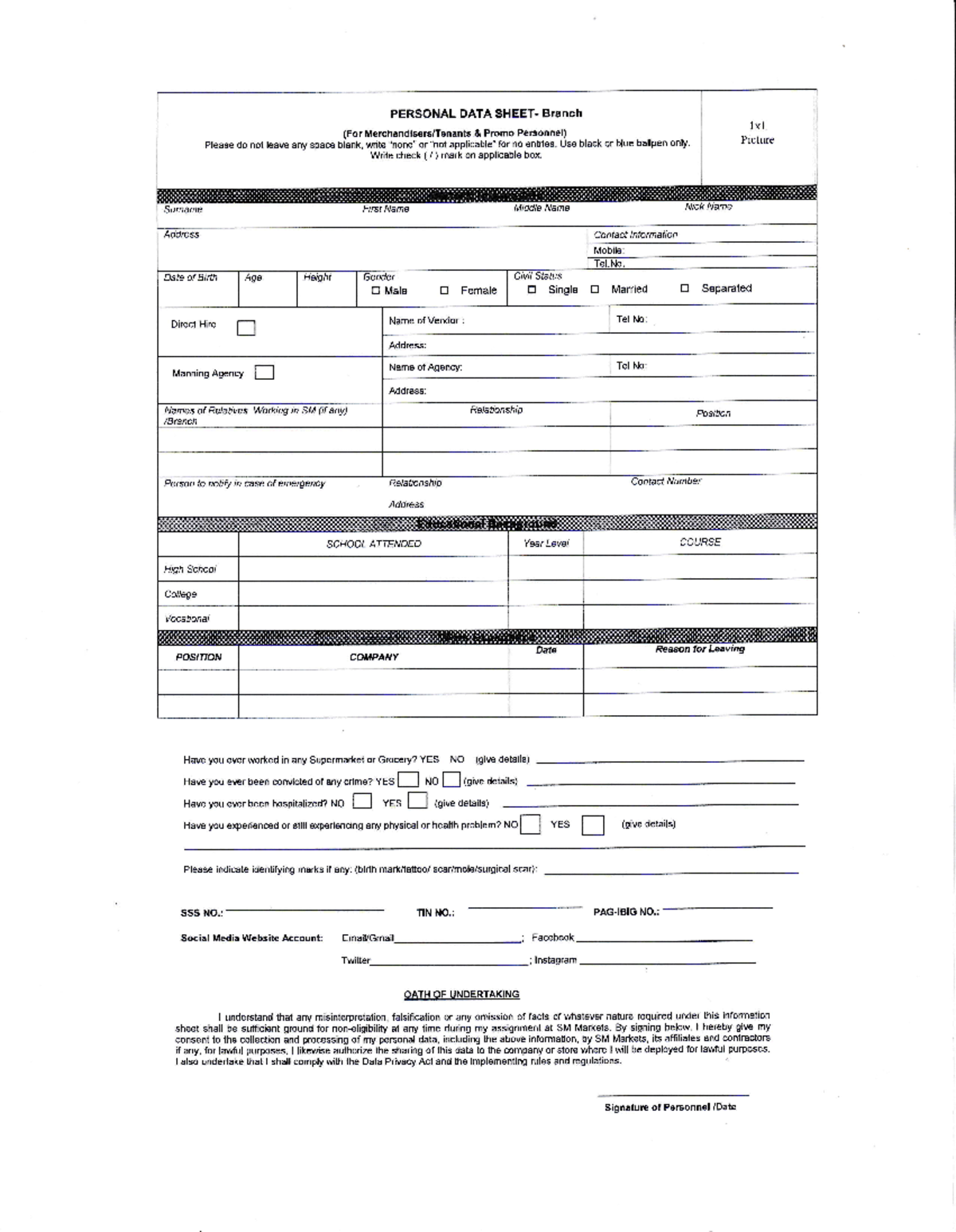 Personal-DATA- Sheet - PERSONAL DATA SHEET- Branch (For Merchandisers ...