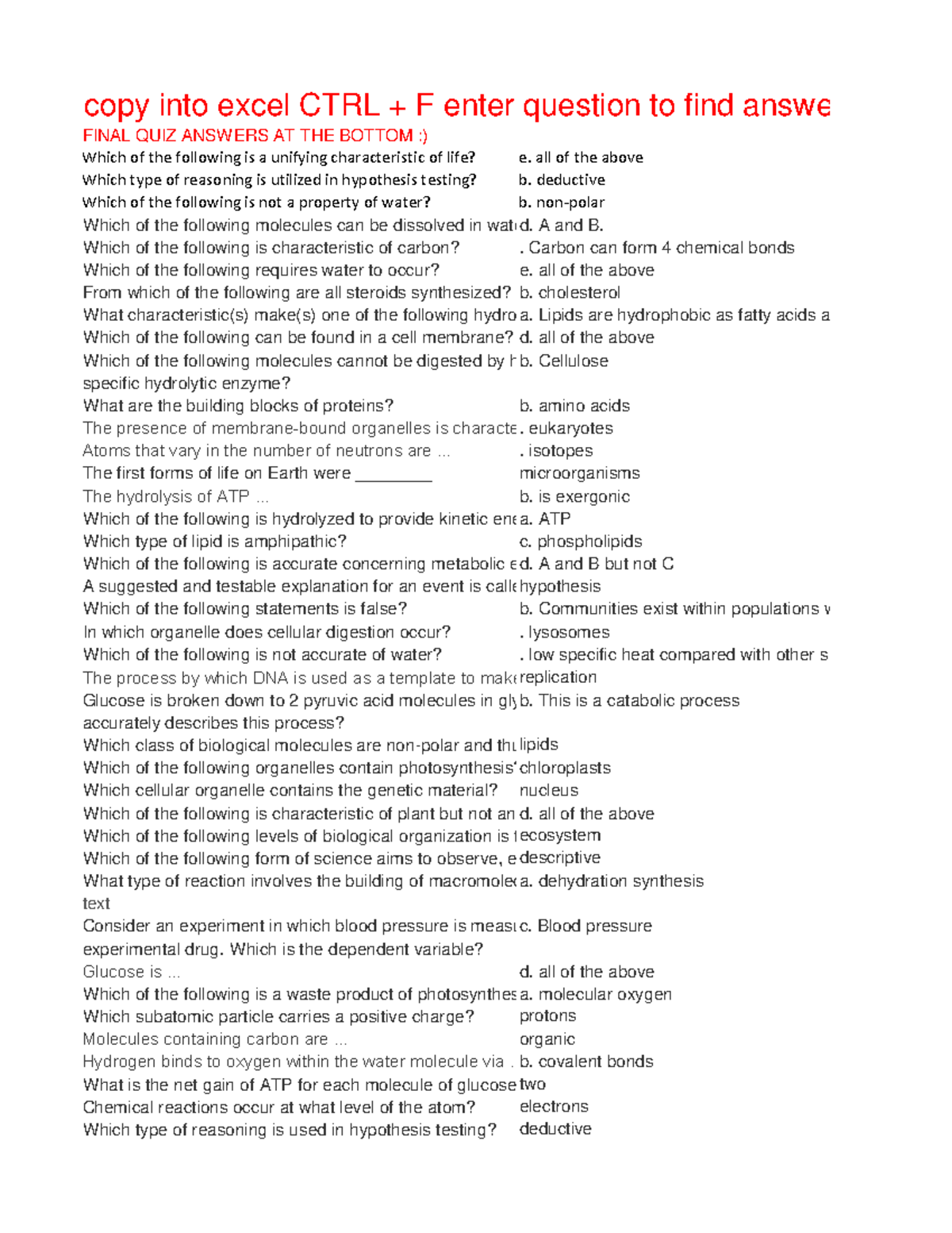 BIOL 1301 QUIZ ALL QNA + Final EXAM - copy into excel CTRL + F enter ...