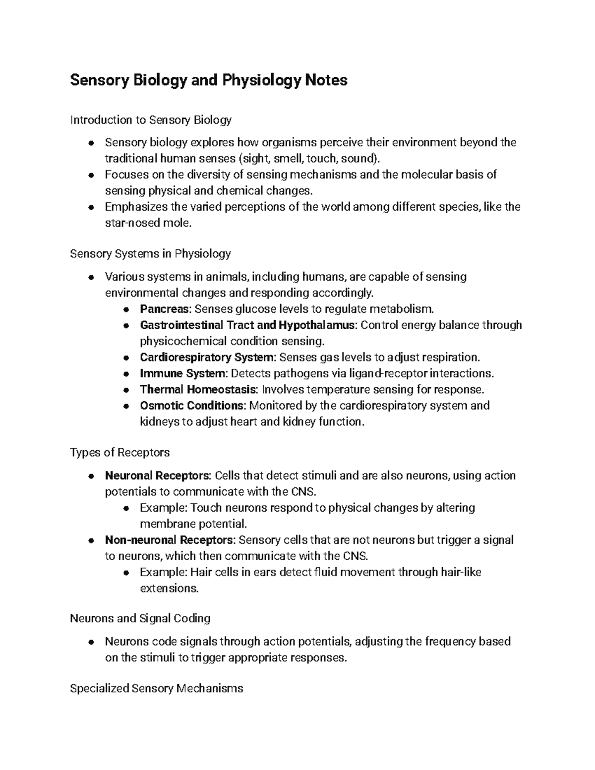 Sensory Biology and Physiology Notes - Sensory Biology and Physiology ...