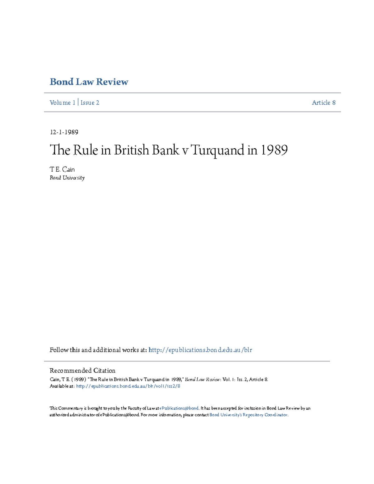 Royal British Bank v Turquand 1989 - Bond Law Review Volume 1 | Issue 2 ...