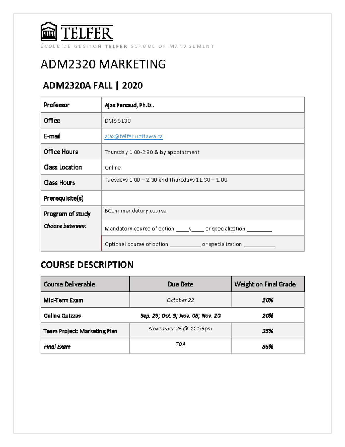 F20 Sec A Outline - É C O L E D E G E S T I O N T E L F E R S C H O O L ...