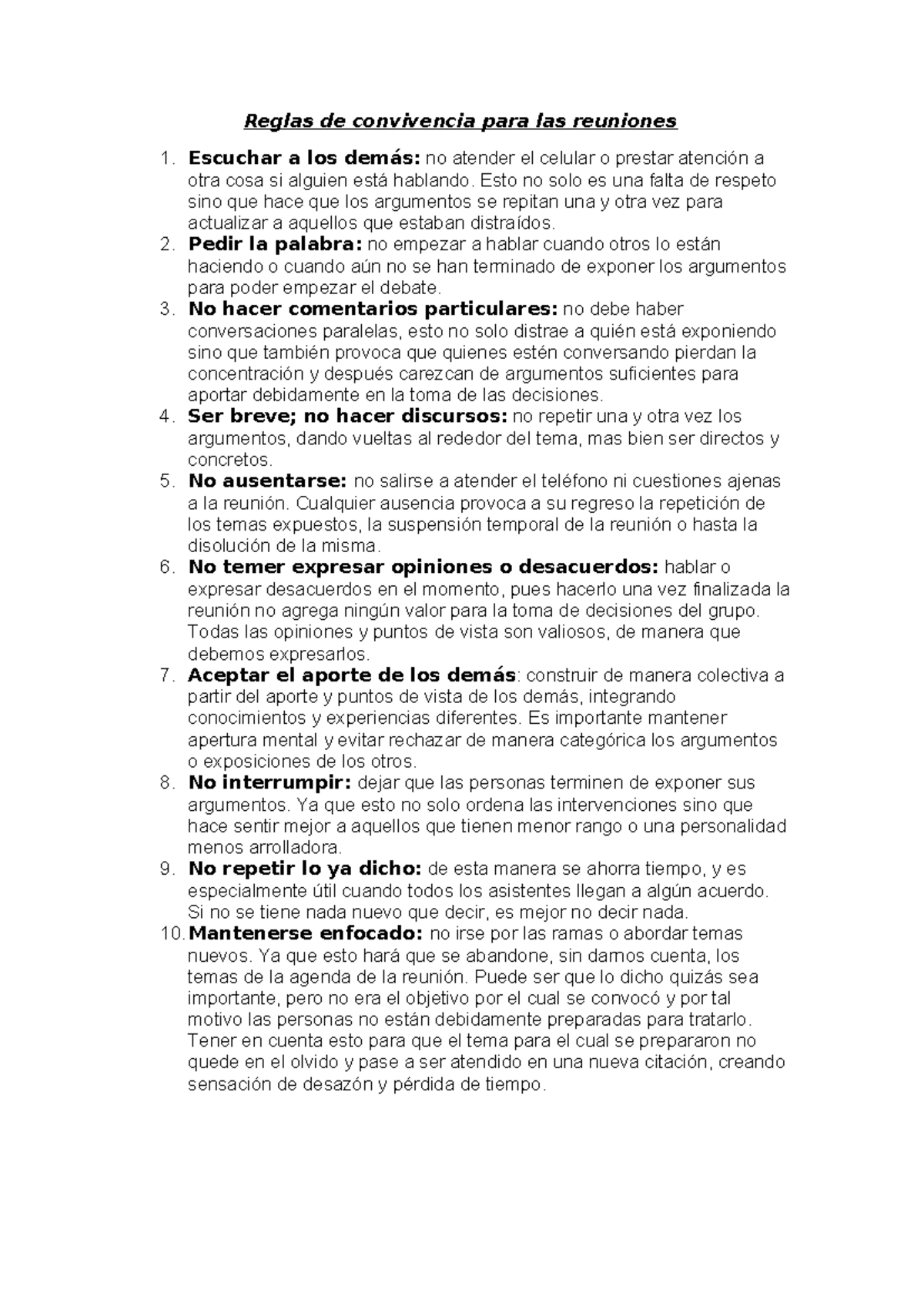 Reglas para la Reunion - Reglas de convivencia para las reuniones ...