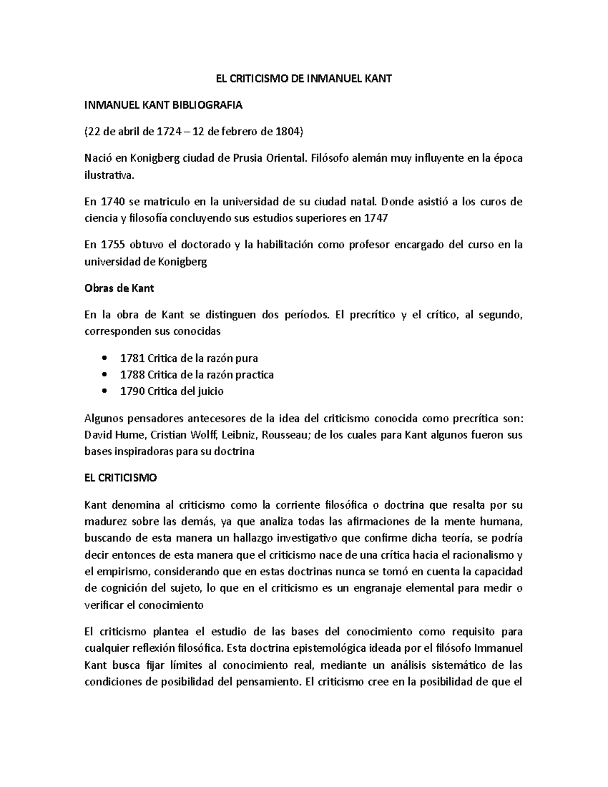 Criticismo - EL CRITICISMO DE INMANUEL KANT INMANUEL KANT BIBLIOGRAFIA ...