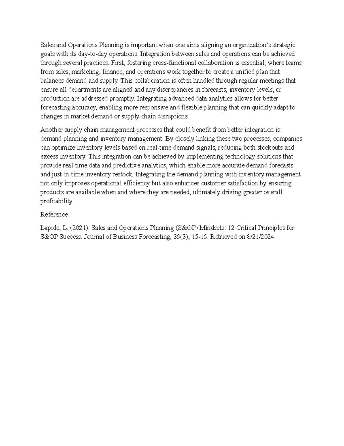 Module 8 Discussion - Sales and Operations Planning is important when one aims aligning an - Studocu