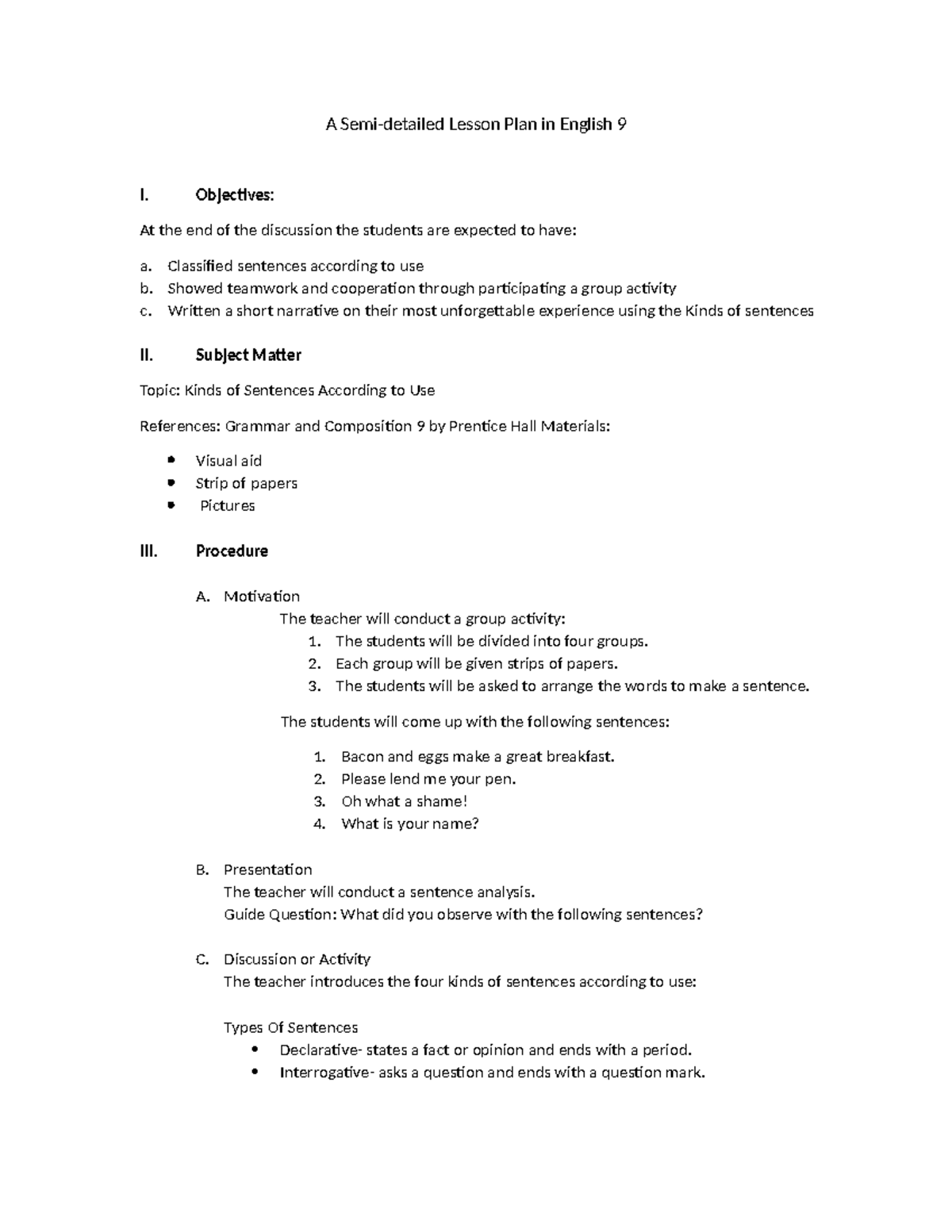 LP- English - It is a lesson plan. - A Semi-detailed Lesson Plan in ...