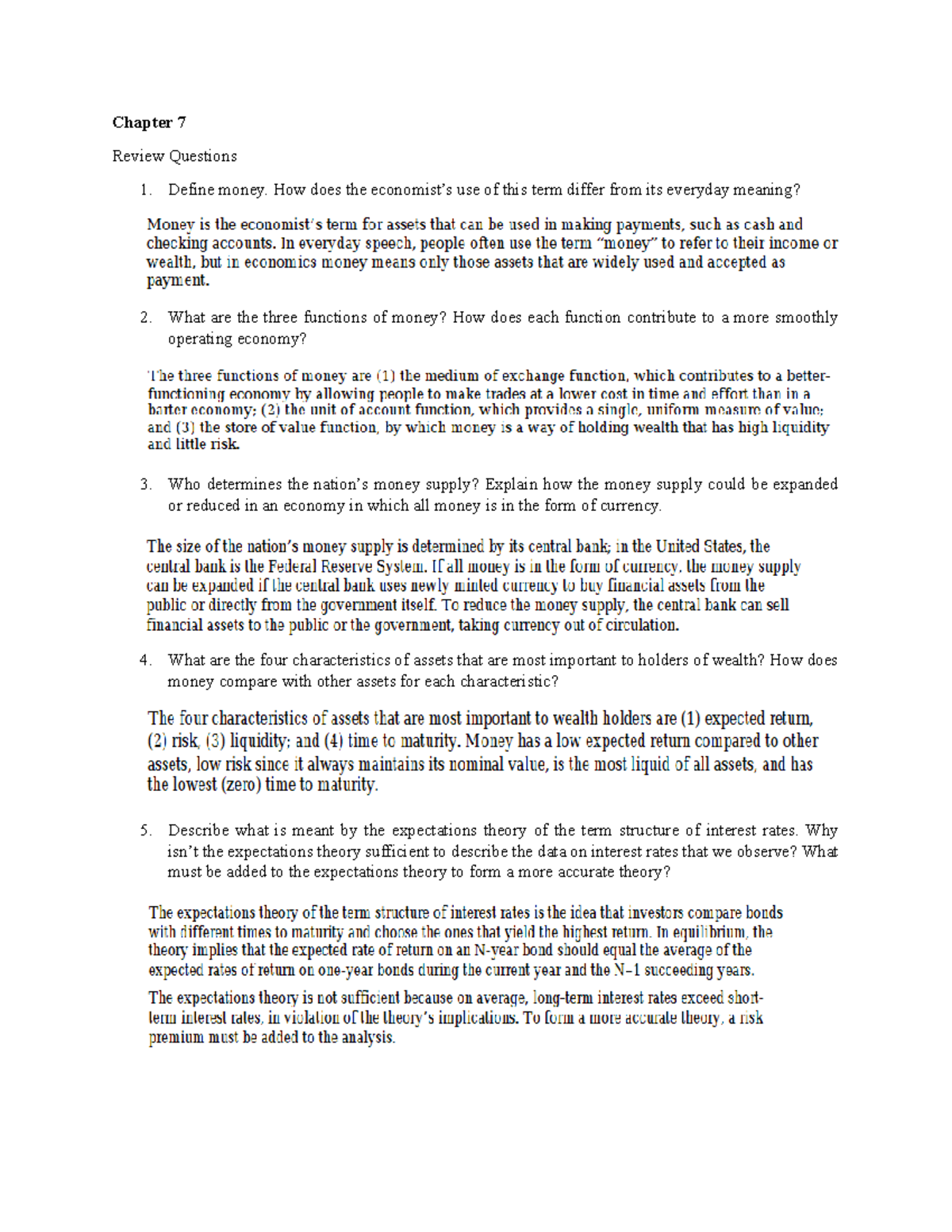 Chapter 7 - note - Chapter 7 Review Questions Define money. How does ...