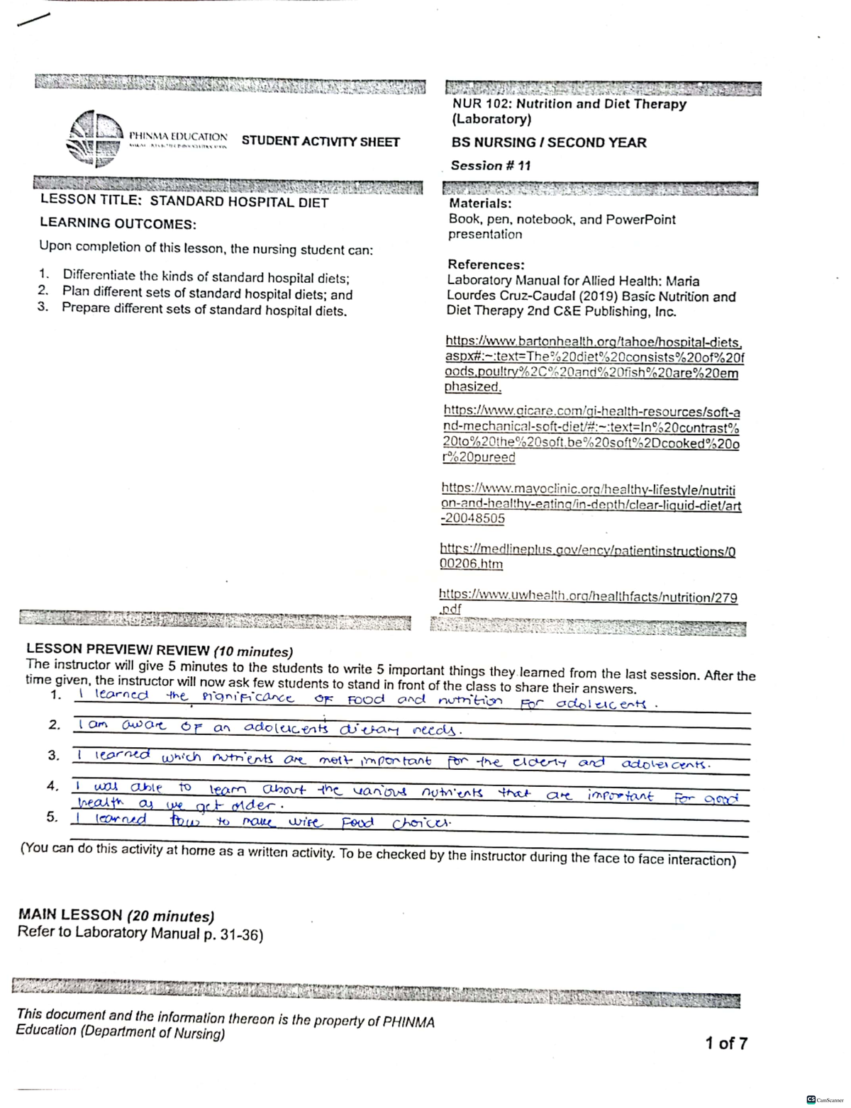 SAS 11 Nutri LAB DONE - Nursing - Studocu