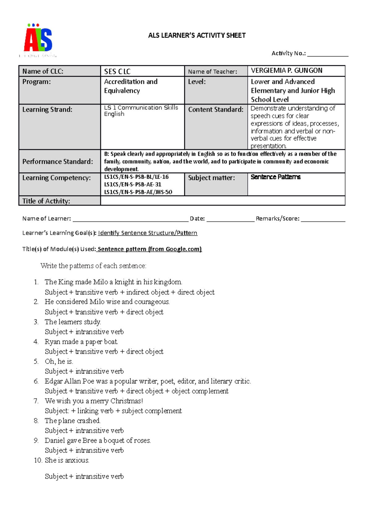 NEW Portfolio 2022 2022 - ALS LEARNER’S ACTIVITY SHEET Activity No ...