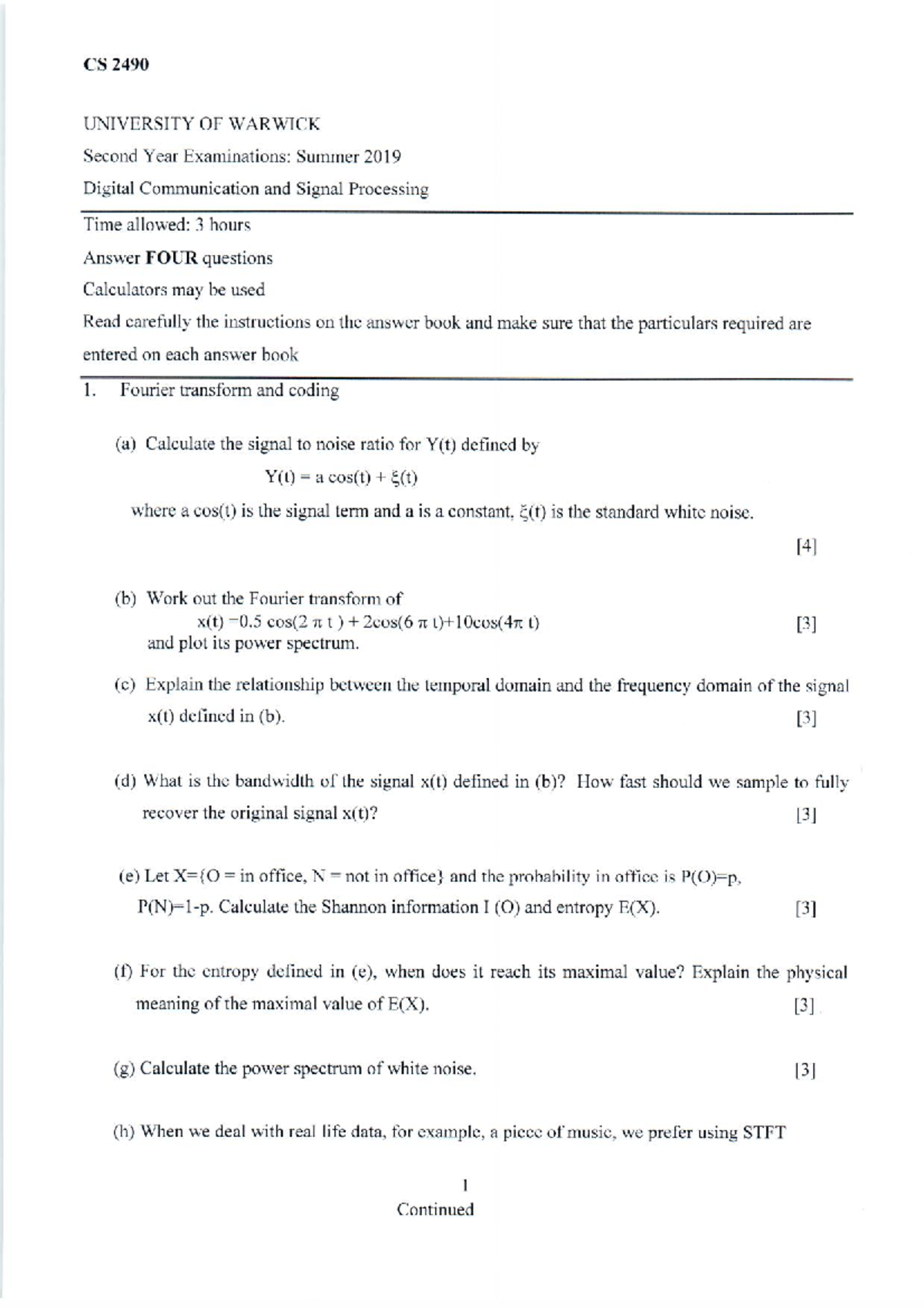 Cs2490 - Past papers from Warwick School of Information technology ...