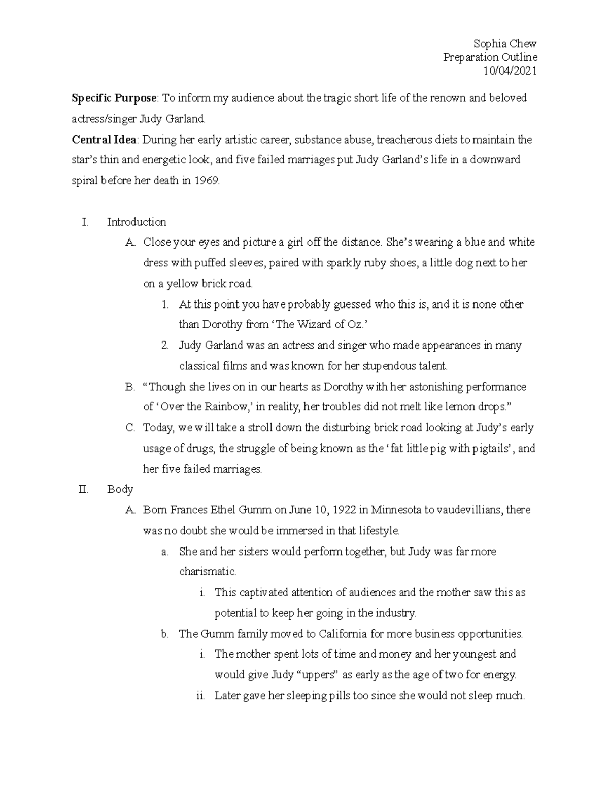 Schew roughdraft - Speech outline - Preparation Outline 10/04/ Specific ...