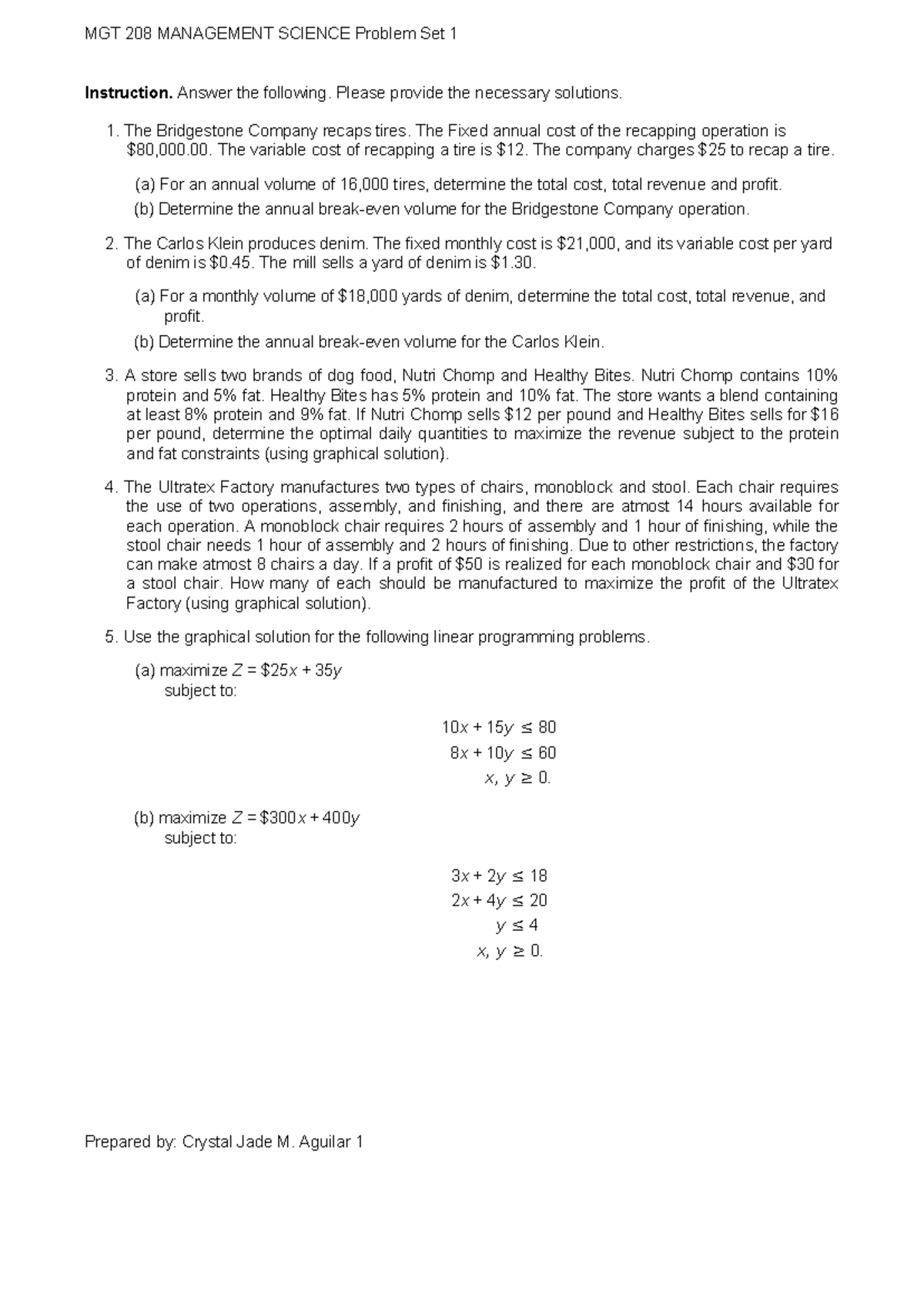 MGT 208 - PSET 1 - N/A - MGT 208 MANAGEMENT SCIENCE Problem Set 1 ...