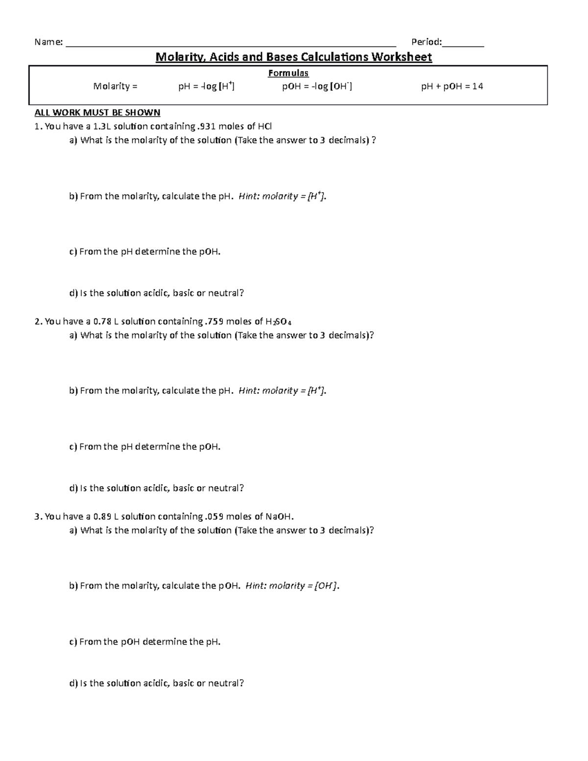 P H calculations worksheet - Name