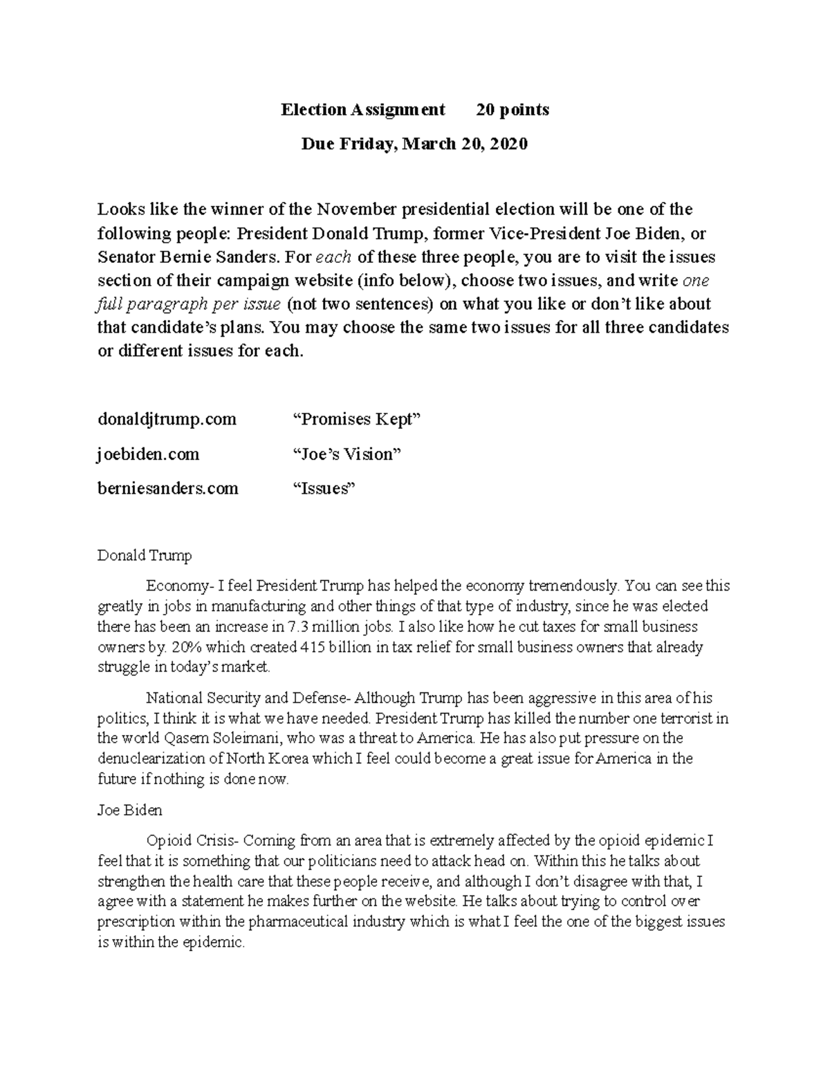 Election Assignment 20 points - Election Assignment 20 points Due ...