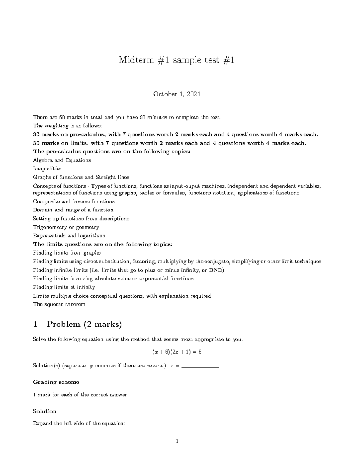 Midterm 1 sample with solutions - Midterm #1 sample test October 1 ...