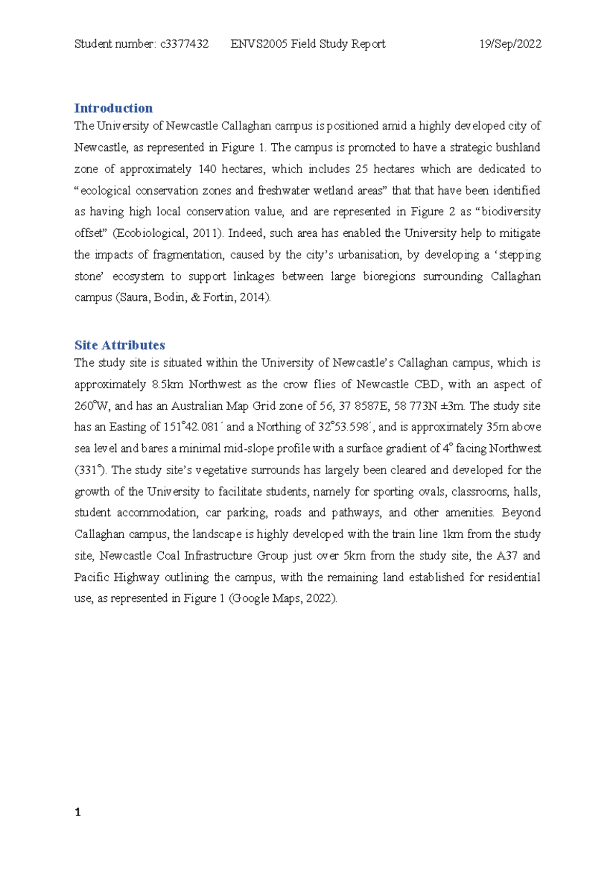 Field study report ENVS2005 - Introduction The University of Newcastle ...