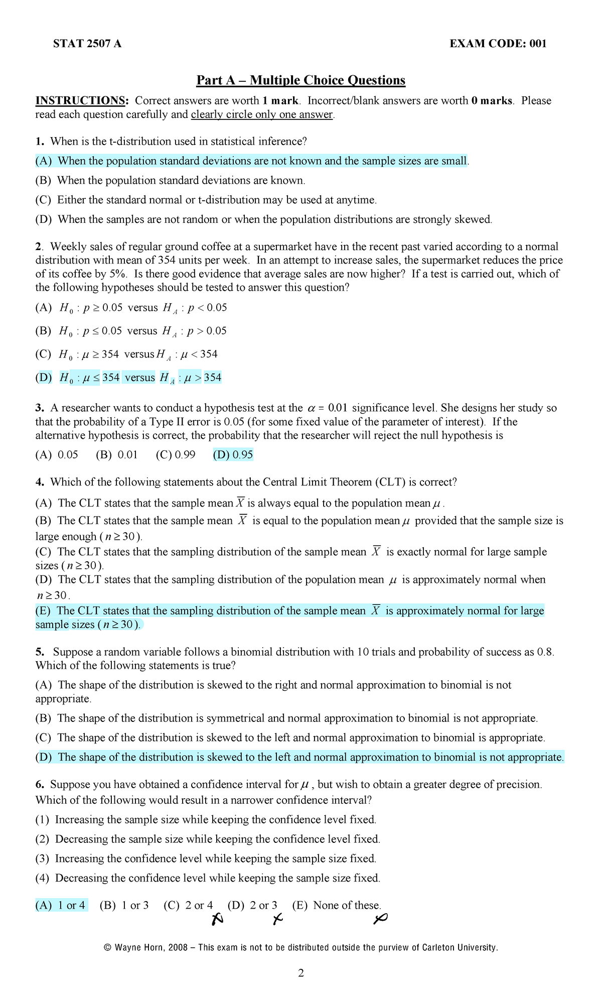 STAT2507-Final Exam Practice Solution - STAT 2507 A EXAM CODE: 001 ...