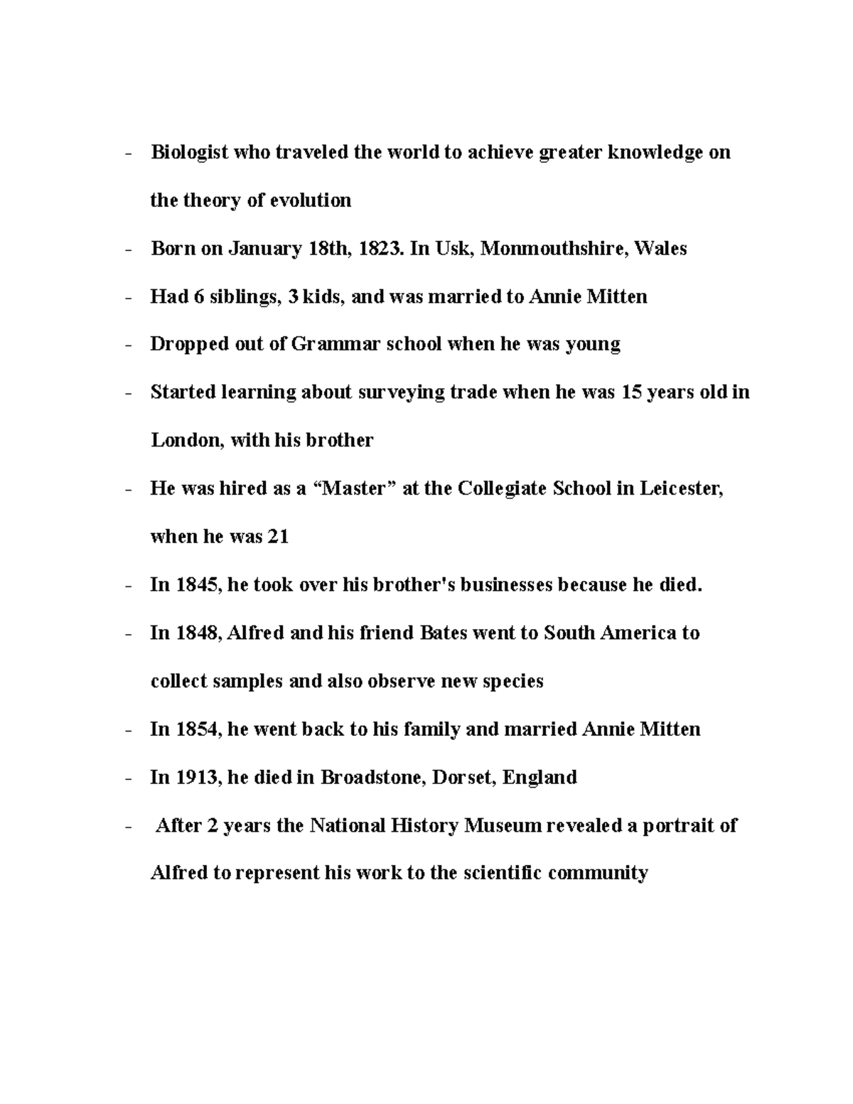 Bullet points alfred russel wallace - Biologist who traveled the world ...