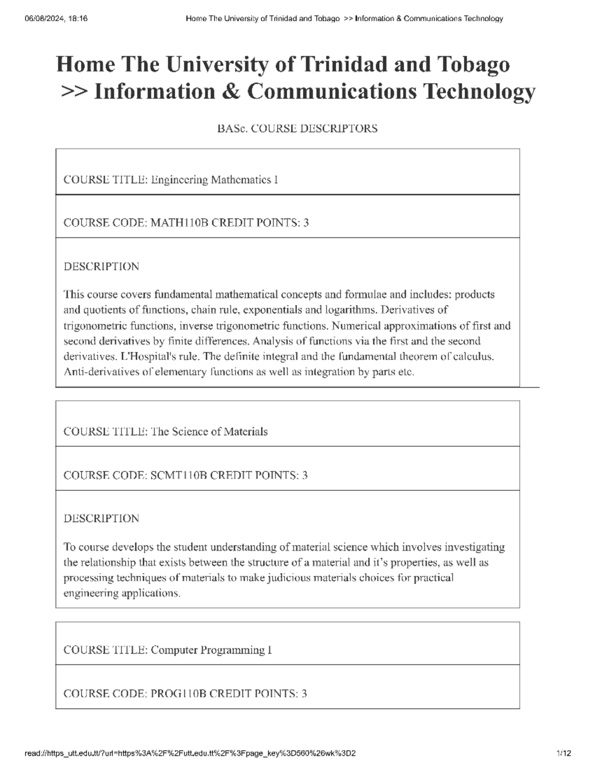 UTT - ICT - BASc. Course Descriptors - Home The University of Trinidad ...