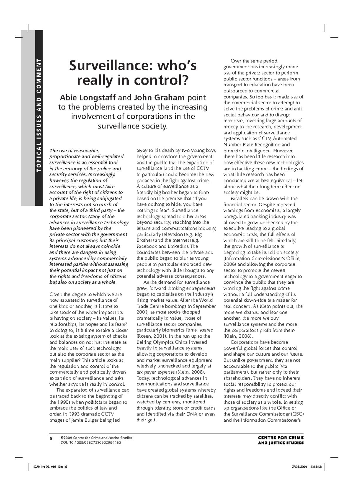 Surveillance who is really in control - 6 T O P I C A L I S S U E S A N ...