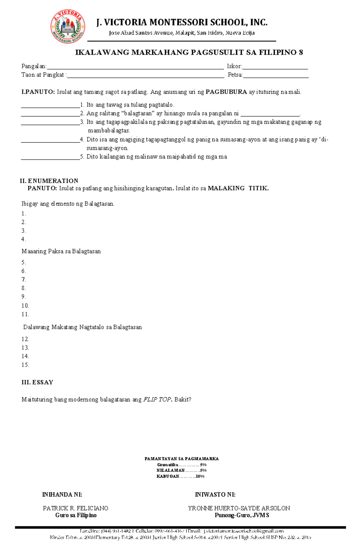 Filipino 8 - J. VICTORIA MONTESSORI SCHOOL, INC. Jose Abad Santos ...